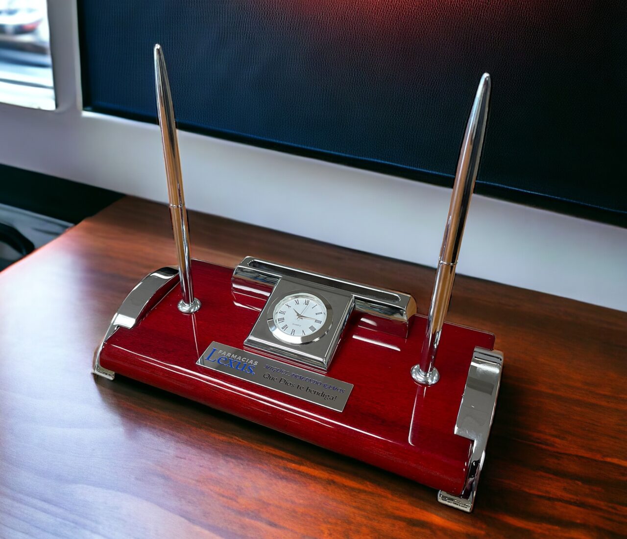 Desk Pen Set 2747C - 2 Silver Pens, Clock & Engraving Plate