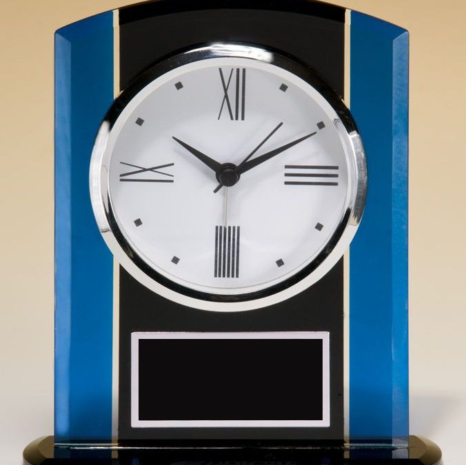 BC973 Black & Blue Glass Clock with Free Engraving